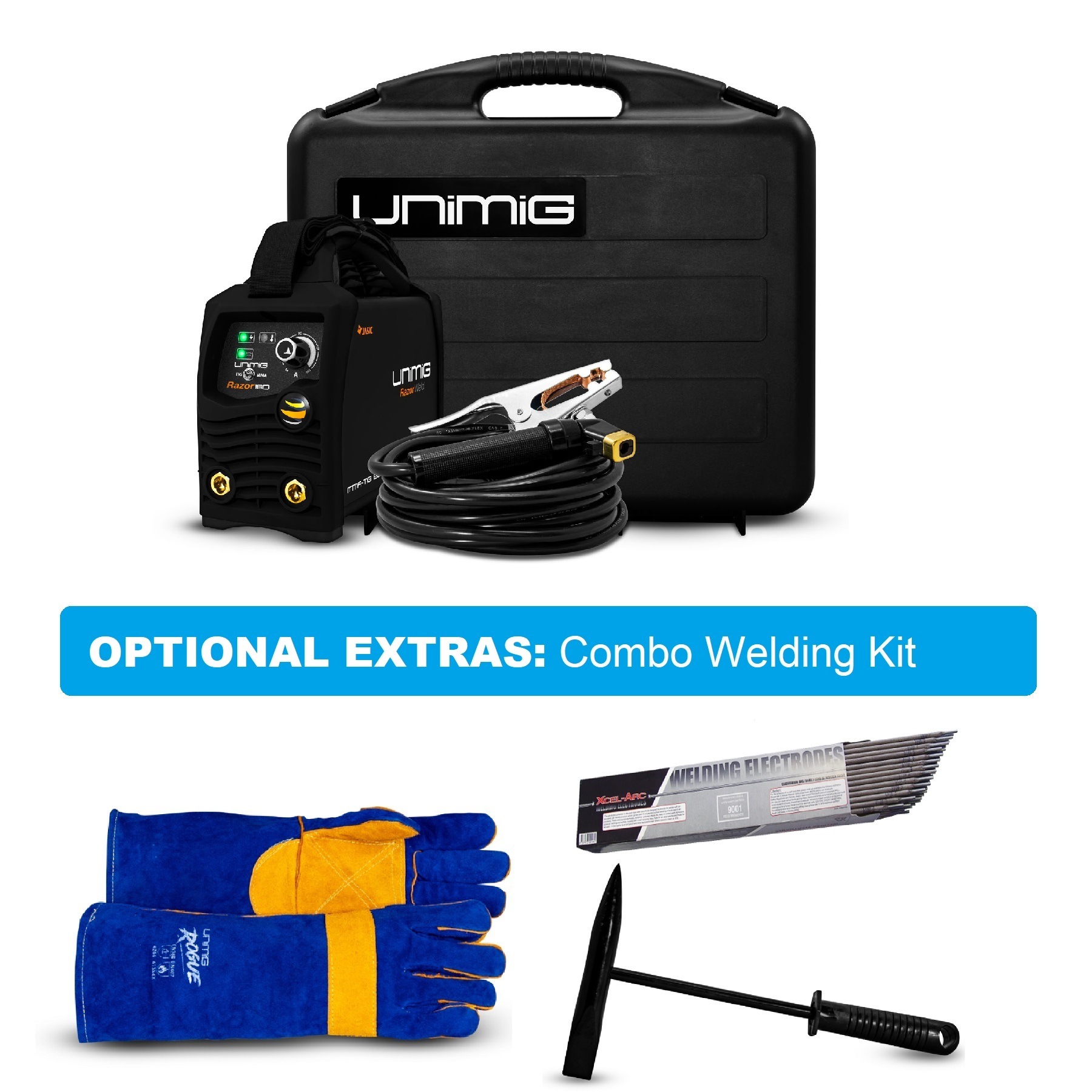 Stick Arc Welder Unimig Razor 180 KUMJRRW180CA MMA/Tig Welding Kit 3 yr ...